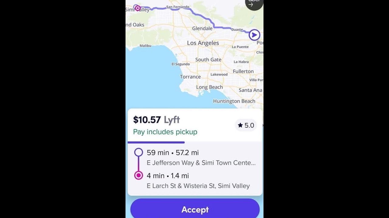 Drive 59 minutes(57.2 miles) to pickup a 1.4 mile trip for $10.57.Wow ...