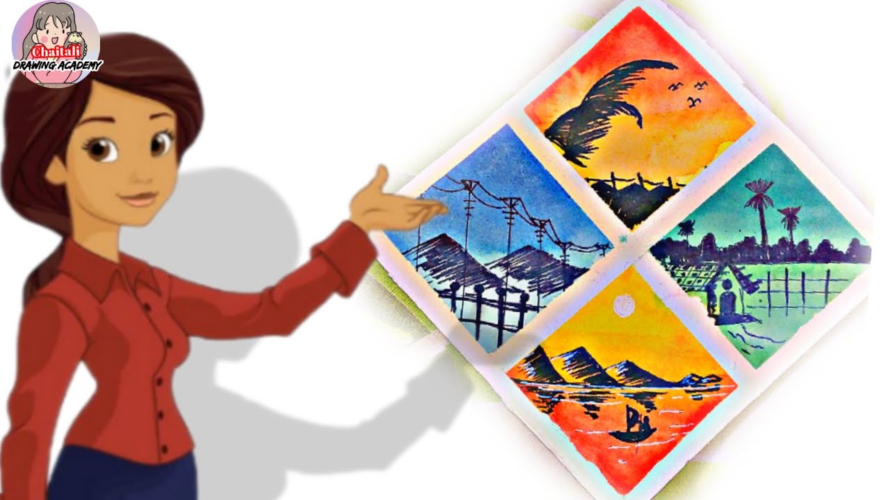 How to make a four colourfull drawing very amazing😍😍 only water colour ...