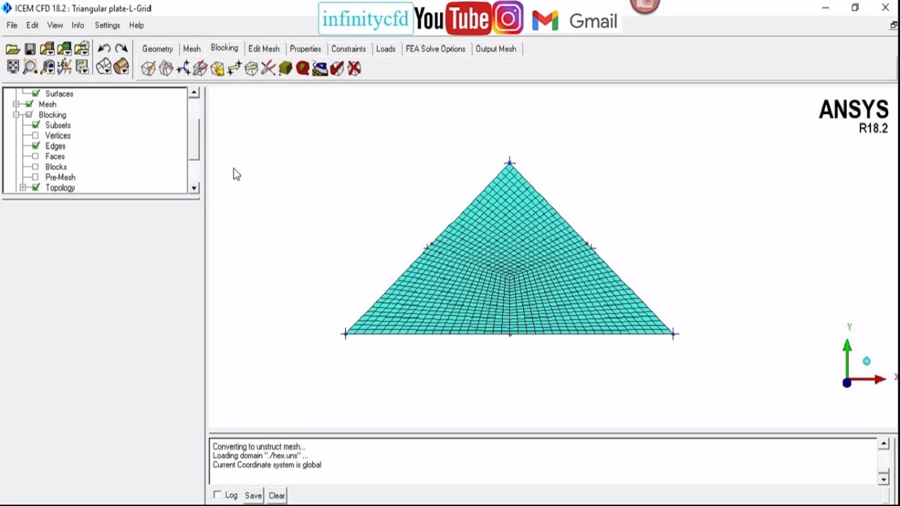 Creating Structured Mesh For A Triangular Plate With Y Blocking Method Using Ansys Icem Cfd