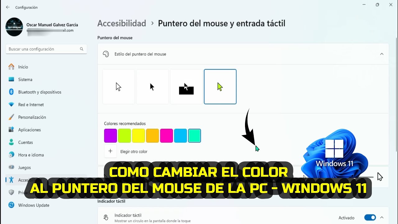 Cómo cambiar el color al puntero del mouse de la PC - Windows 11 - YouTube