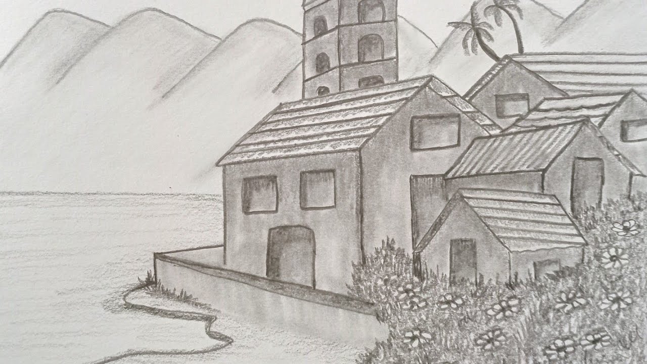 Easy scenery drawing||Easy pencil drawing of a Mediterranean town step ...