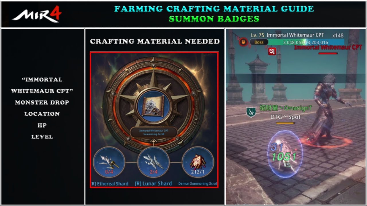 MIR4 - FARMING MATERIAL GUIDE! IMMORTAL WHITEMAUR CPT SUMMON BADGE! MS ...