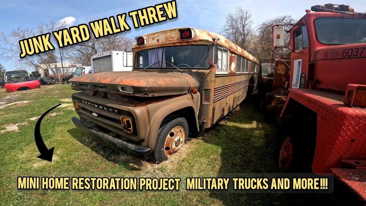 Junkyard walk around including a mini home restoration bus project ...