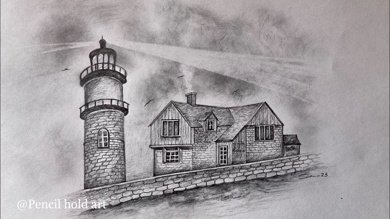 How to draw easy lighthouse in pencil step by step | drawing for ...