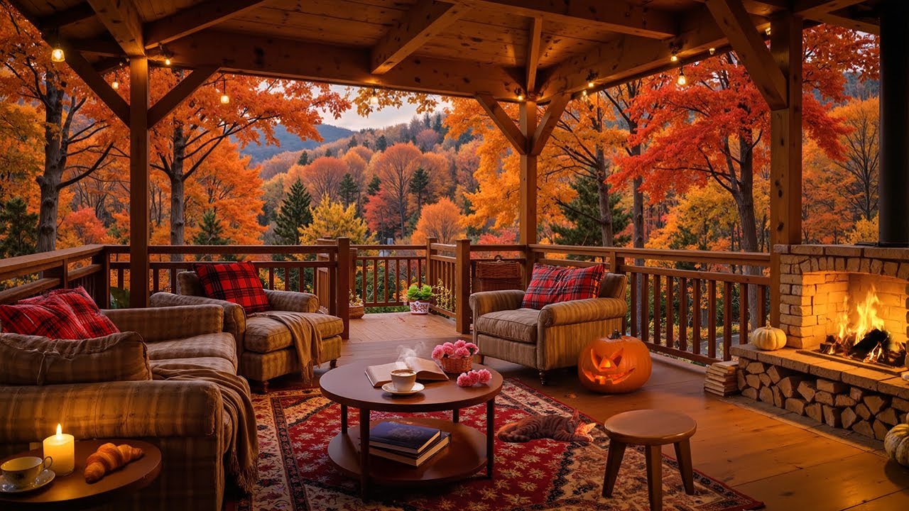Fall Porch Ambience 🍂 Tranquil September Jazz Music & Fireplace Glow ...