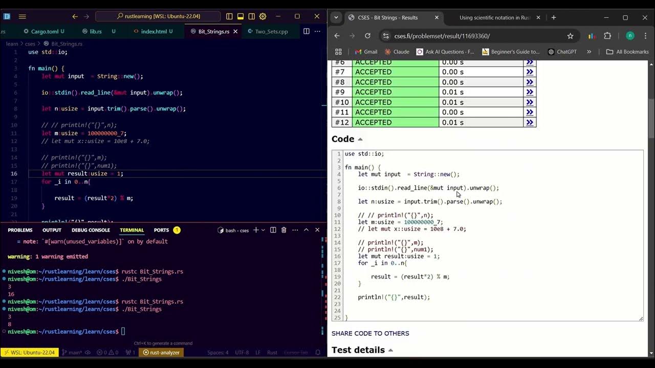 Day 1 of coding in rust | CSES Bit String Solution | Rust Coding Challenge– Silent Code with ...
