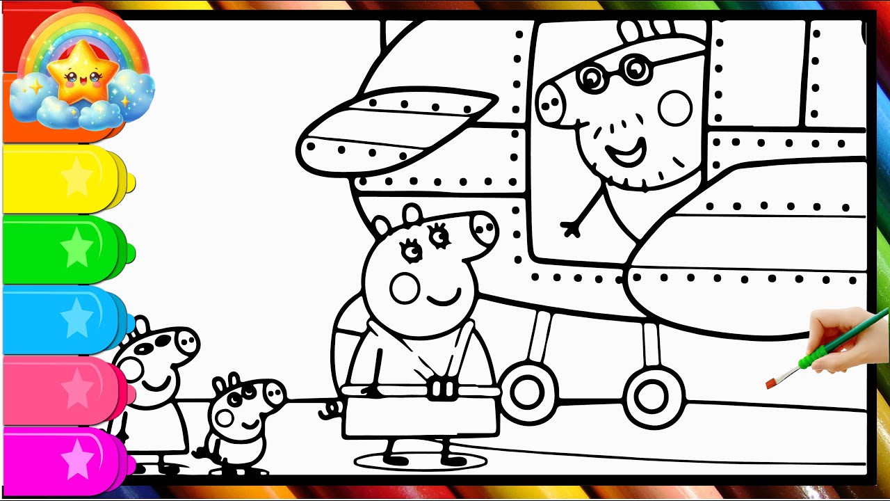 Peppa Pig and Mummy Pig learn to fly a plane | Peppa Pig coloring book ...