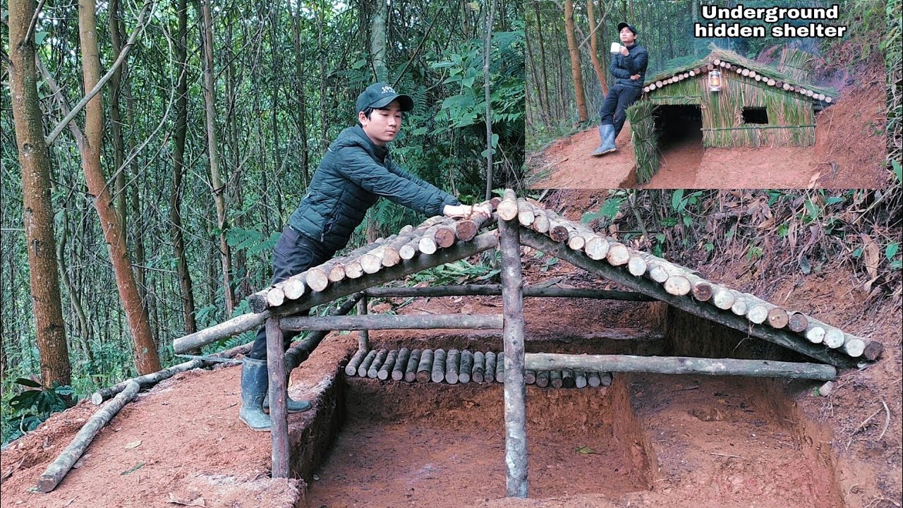 Solo Bushcraft : Dugout Shelter, grass hut, Thatch Roof, With Fire ...