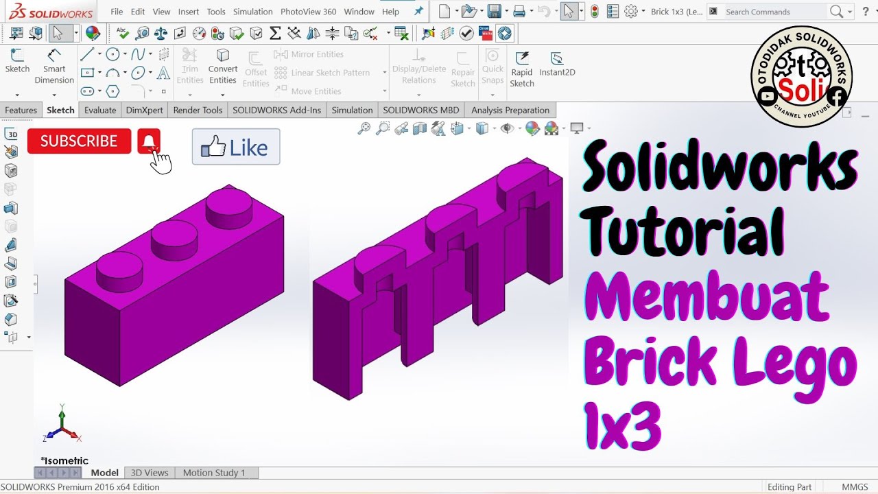 Solidworks Tutorial - Membuat Brick Lego 1x3 - YouTube