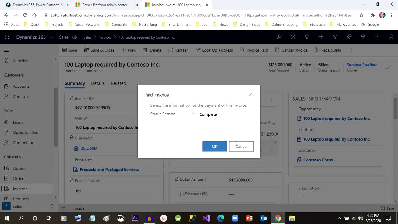 Dynamics 365 Customer Engagement CRM - Create invoice for an Order ...