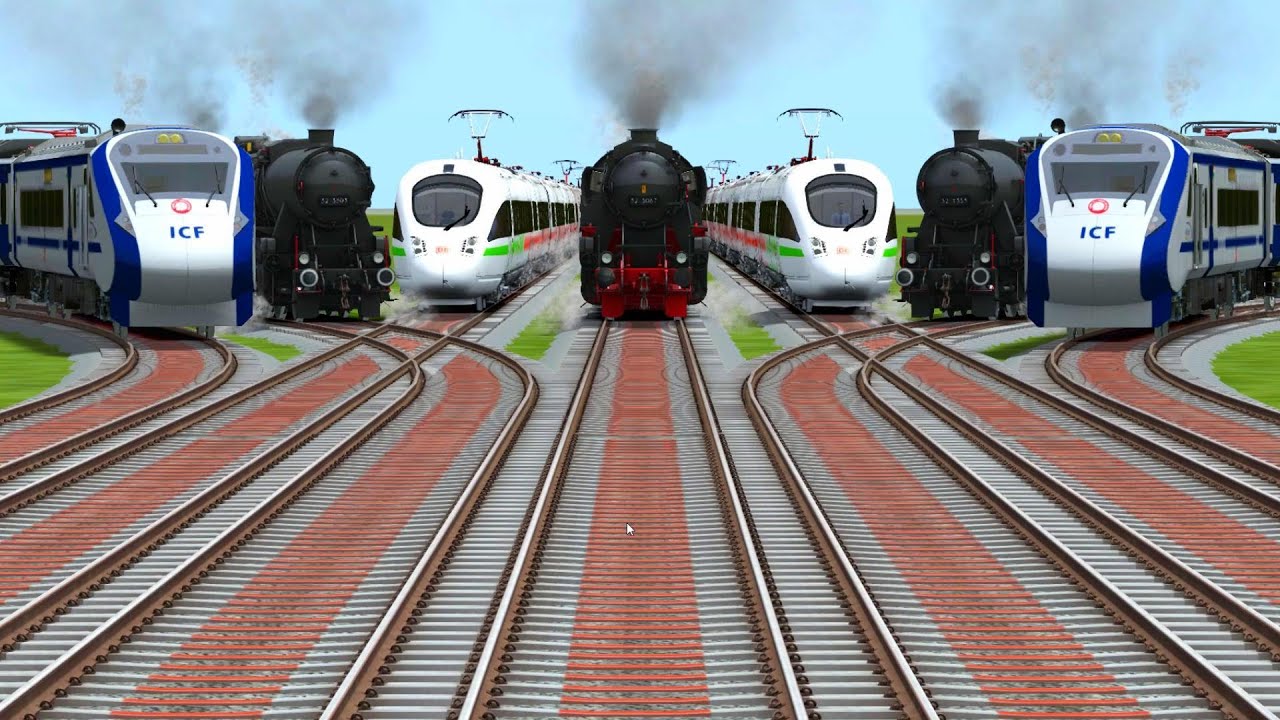 7 Bullet & Steam Trains Crossing At Indian Curve Railroad Tracks ...