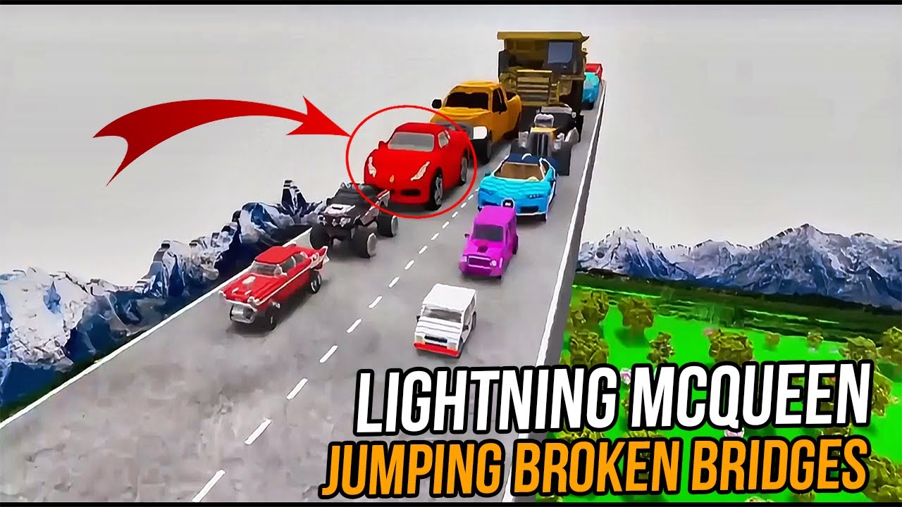 LIGHTNING MCQUEEN Epic Car Stunts: Jumping Broken Bridges and Battling ...