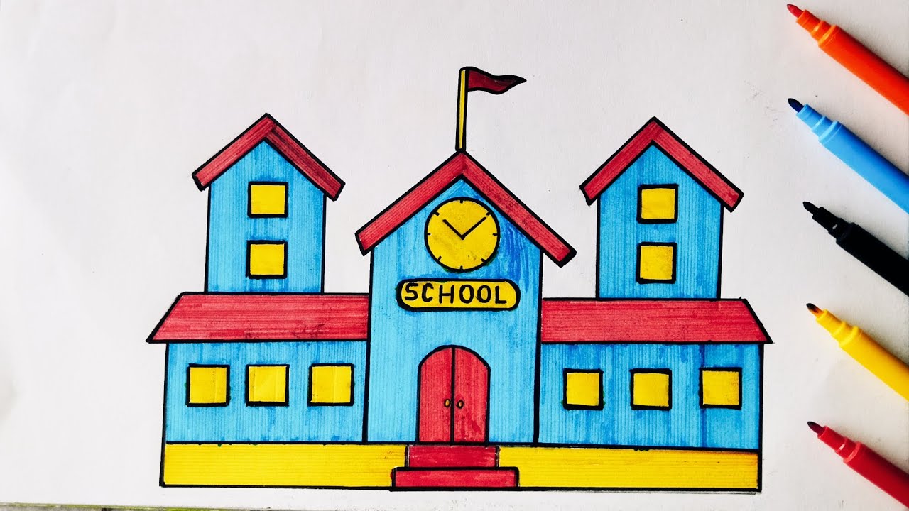 School🏫 Drawing | How to Draw a School Scenery | easy and beautiful my ...
