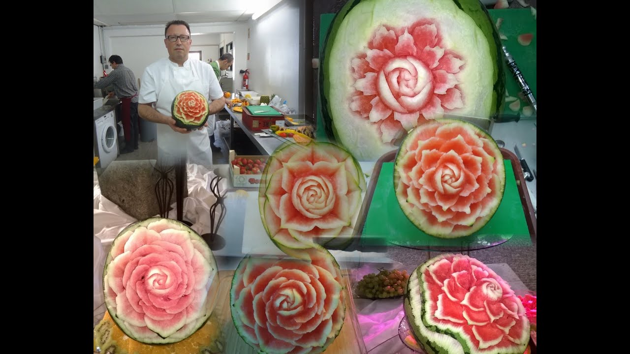 How to make a rose on a watermelon, Art Carving - 5 - YouTube