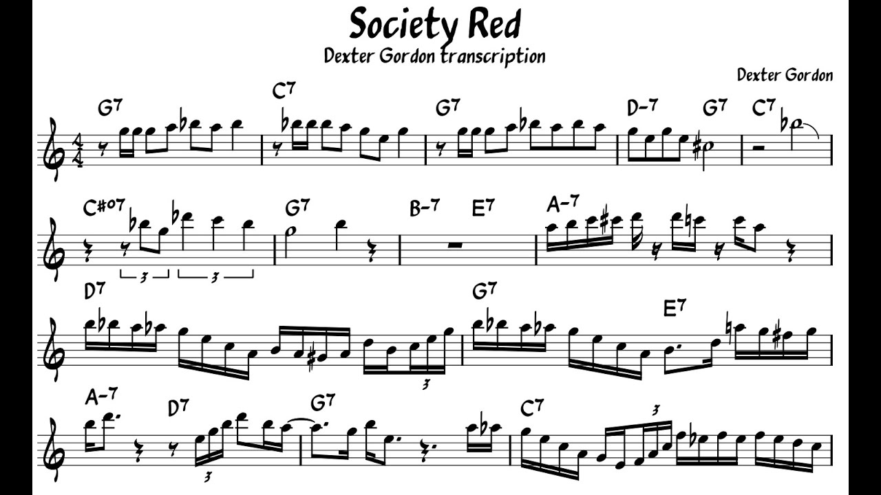 Society Red - Dexter Gordon - Bb Tenor Saxophone Transcription