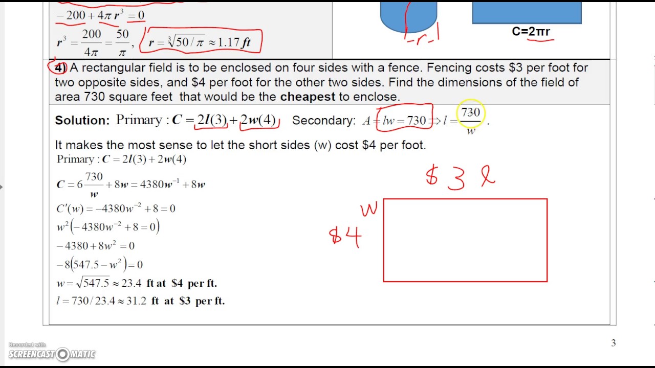 Business Calculus 3.4.2 Optimization Part 2 - YouTube