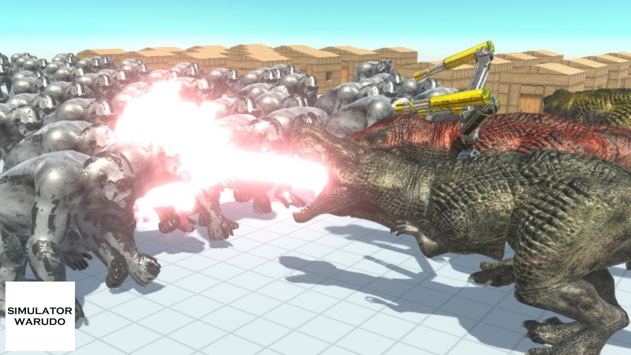 Weaponized T-Rex Brothers vs 100 Apes Animal Revolt Battle Simulator ...