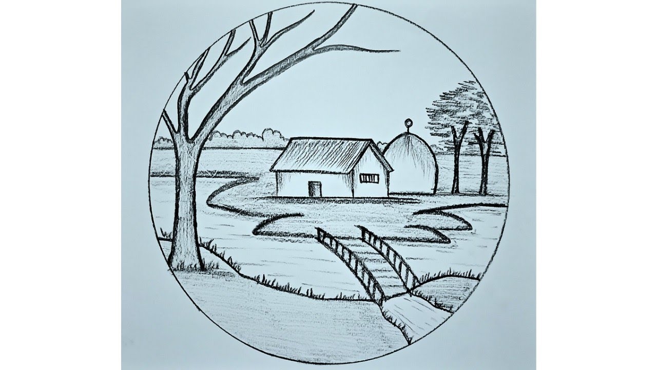 How to Draw a Beautiful Village Scenery | How to Draw a Woodhouse ...