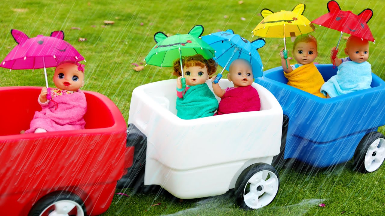 Rain Rain Go Away Song with Baby Dolls and Ride on Wagon - YouTube
