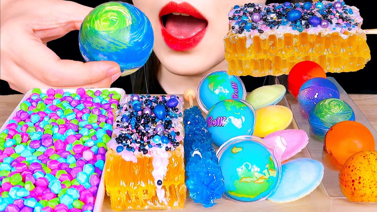 ASMR GALAXY FOODS 갤럭시 디저트 CHOCOLATE HONEYCOMB DIAMOND CANDY JELLY 우주초콜릿 ...
