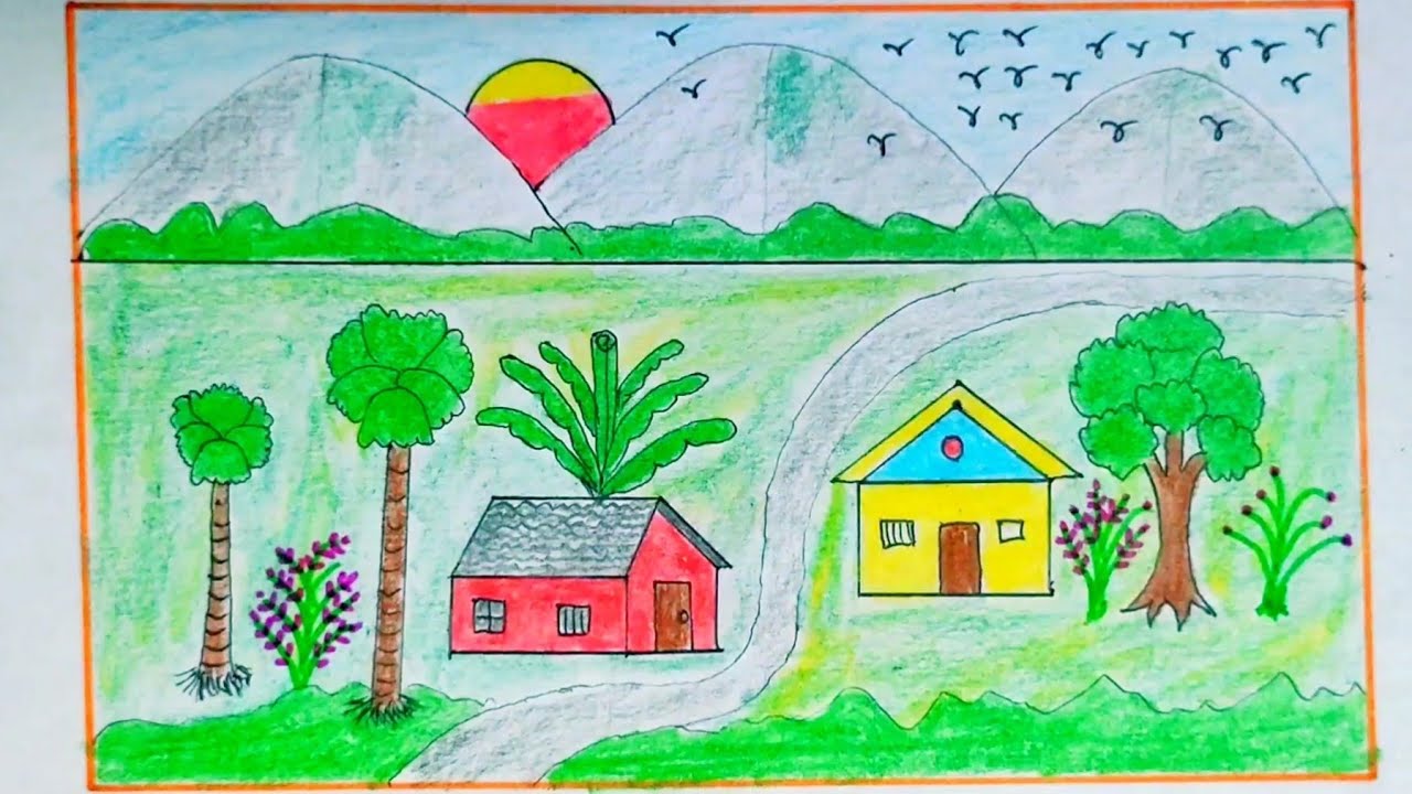 very easy scenery drawing, how to draw a house scenery step by step ...