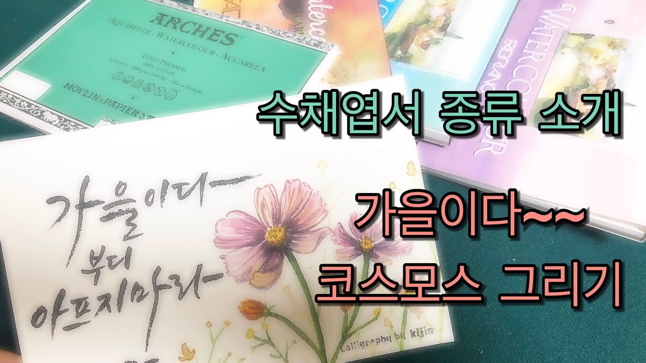 수채화 엽서 종류 알아보기, 가을 캘리그라피 코스모스그리기, Drawing cosmos and calligraphy - YouTube
