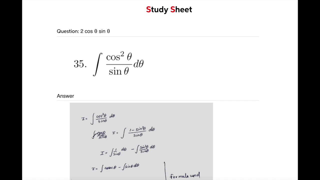 Integral of cos^2 θ / sin θ * dθ - YouTube