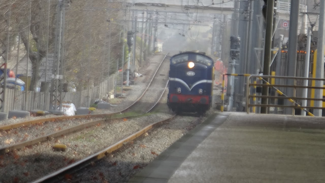 Electric Train Depart, Blue Diesel Loco Brings and Tows, 35 mph passage ...