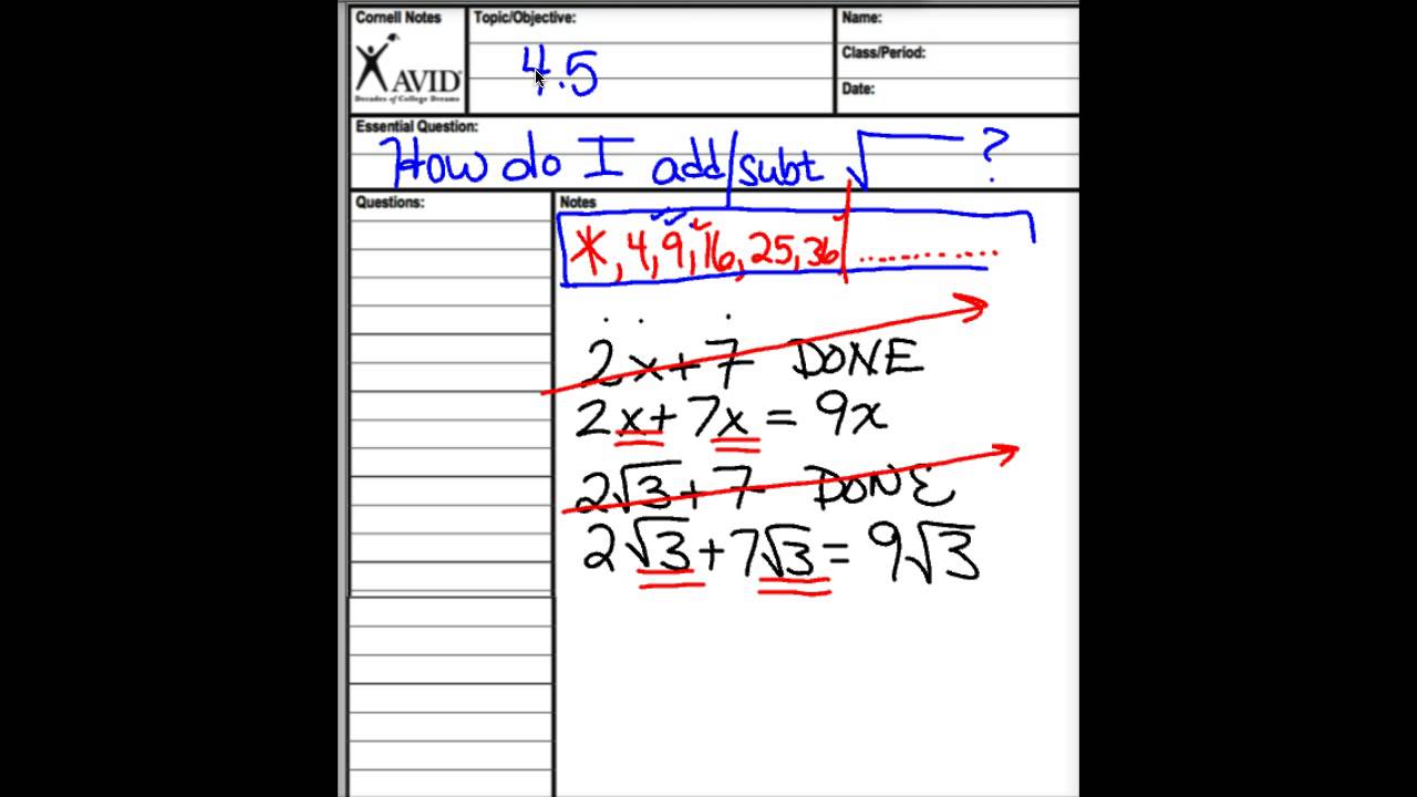 4 5 Adding And Subtracting Square Roots YouTube 4 5 Adding And Subtracting Square Roots YouTube