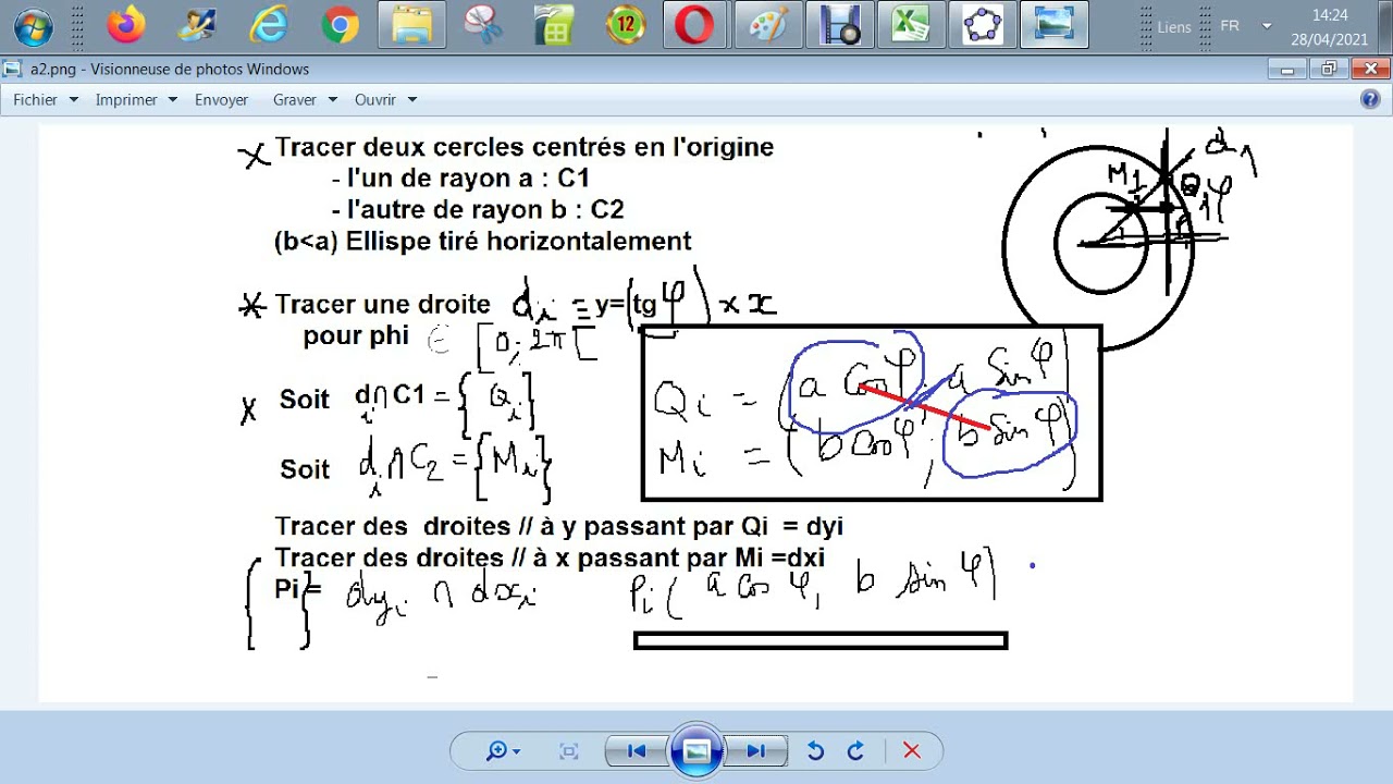 Les coniques - Equation paramétrique de l'ellipse horizontale et ...