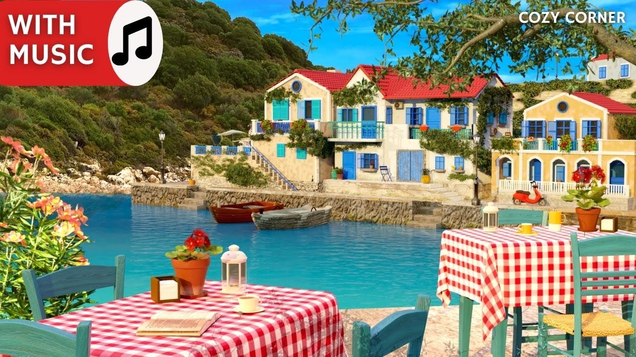 Outdoor Summer Coffee Shop Ambience | Uplifting Bossa Nova Music & Sea ...