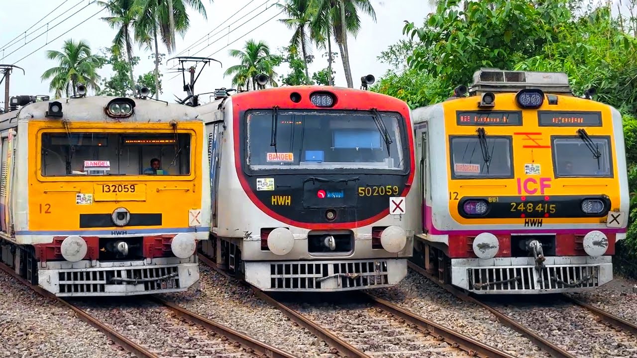 Different types of EMU local trains crossing at Mankundu Station ...