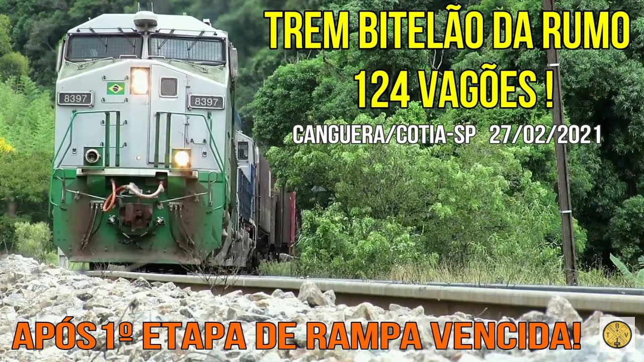 TREM DA RUMO COM 124 VAGÕES E 5 LOCOMOTIVAS, APÓS VENCER A 1° RAMPA DE ...