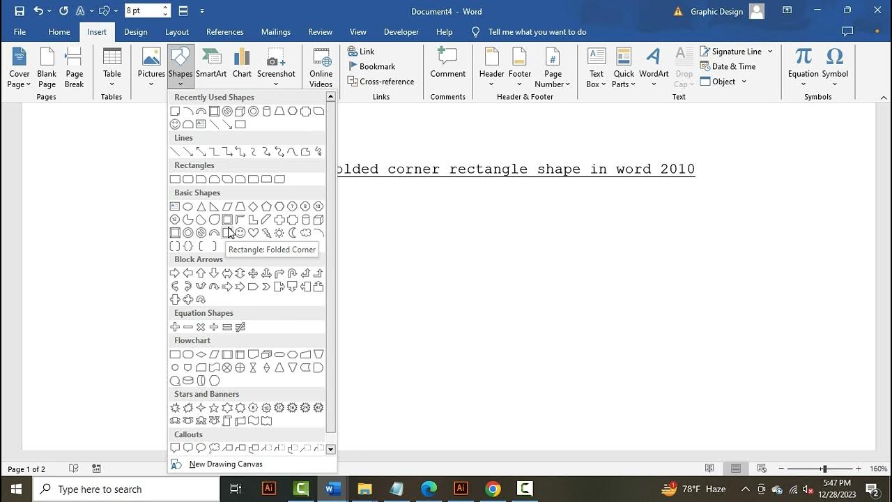 how to insert folded corner rectangle shape in word 2010 - YouTube