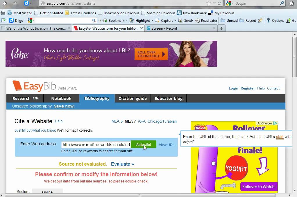 Using easybib to make bibliographic entries - YouTube