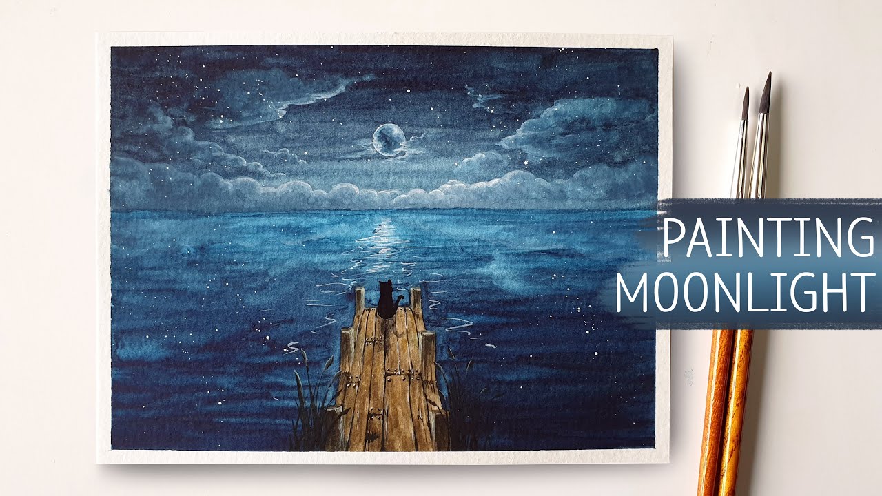 Easy Watercolor Painting / Moonlight Painting / Moonlight Night ...