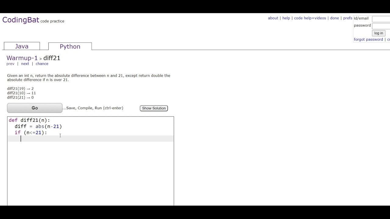 Warmup-1 (diff21) Python Tutoriall || Codingbat.com - YouTube