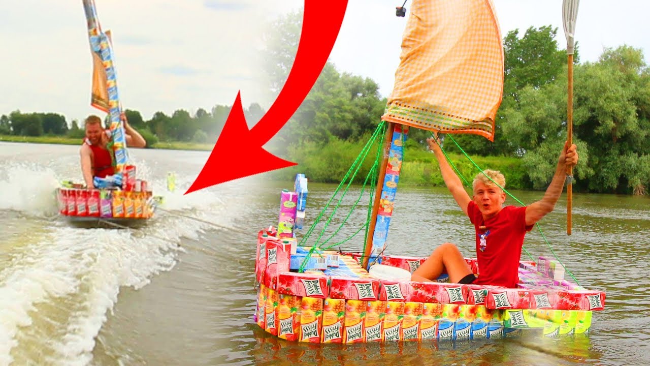 BOOT BOUWEN VAN 500 DRINKPAKKEN & ACHTER DE SPEEDBOOT HANGEN! - YouTube