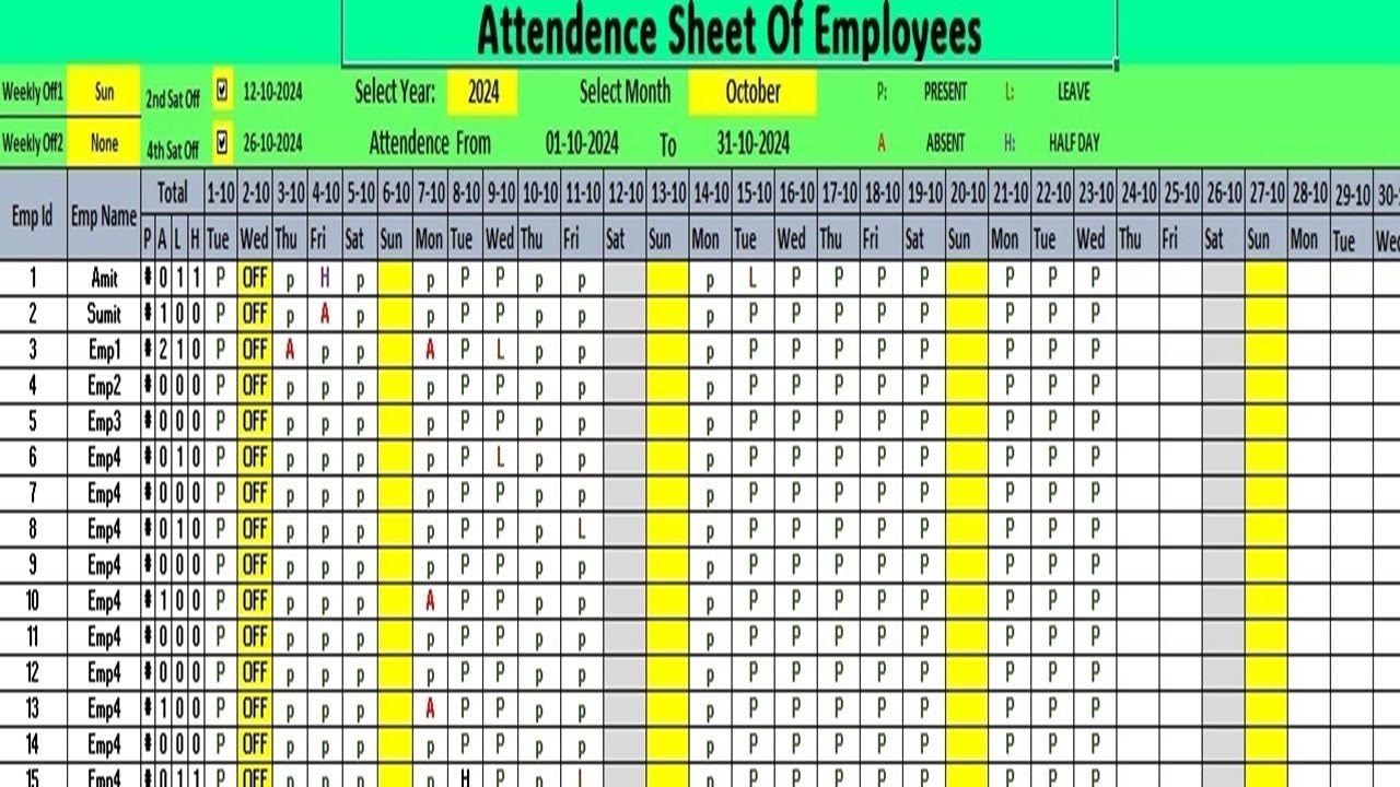 Attendance Sheet in Excel with holidays & weekly off option.#excel # ...