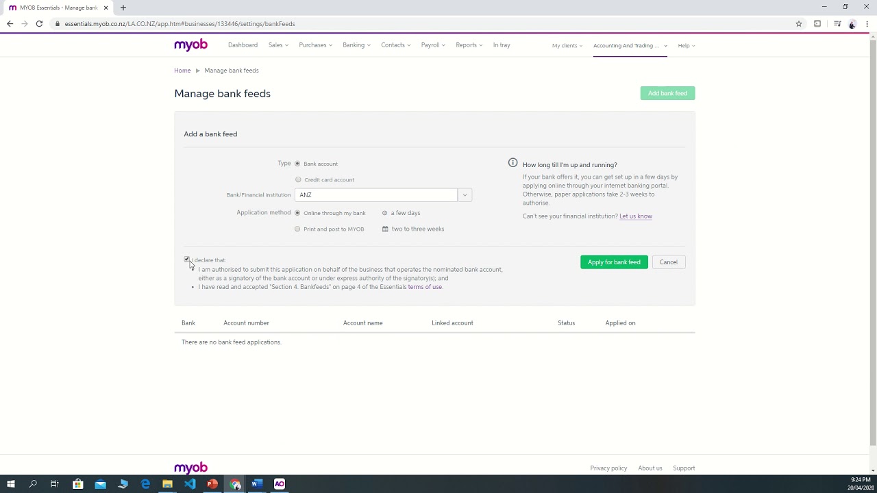 MYOB Tutorial 1 add bank feed - YouTube