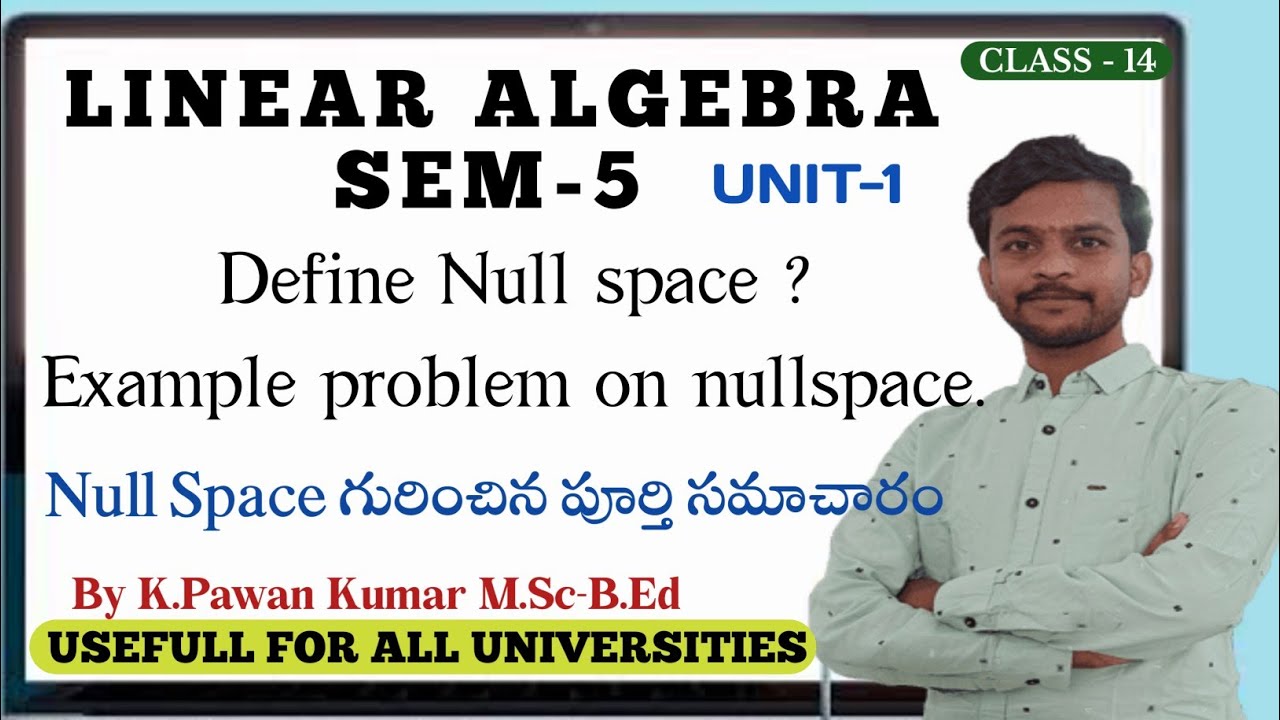Linear Algebra | Define null space | Example problem on nullspace | VSP ...