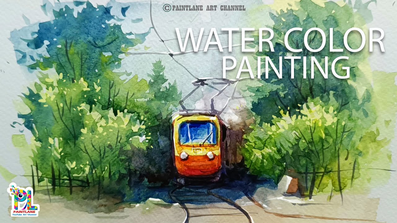 Train In A Landscape With Water Color Painting || Step By Step Painting ...