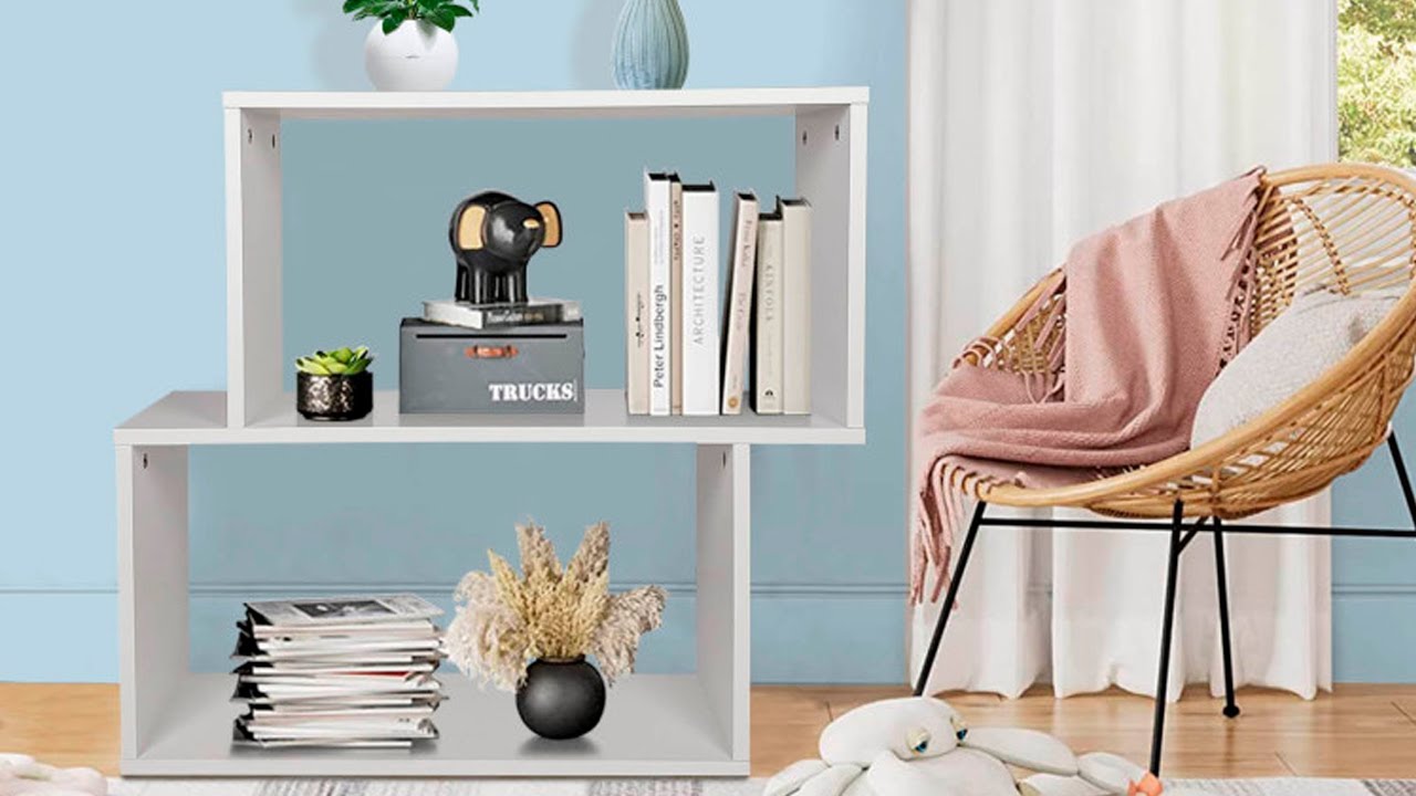 Rustic Wood Bookshelf Modern Geometric 2 Tier Display Shelf White ...