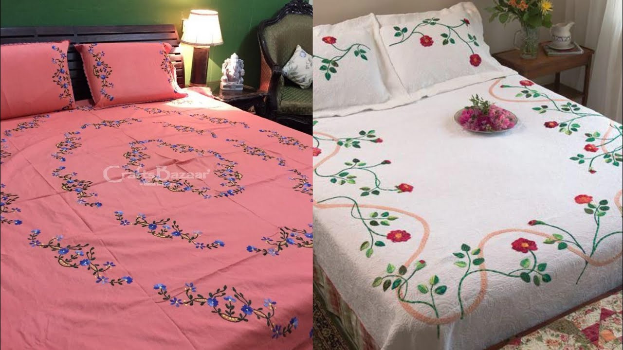 hand embroidery bed sheets - YouTube