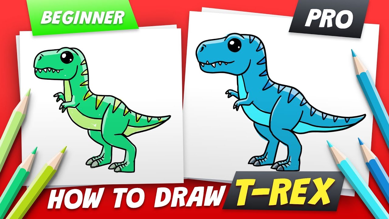 How to Draw Trex dinosaur (Draw for Kids) Beginner vs Pro - Easy Step ...