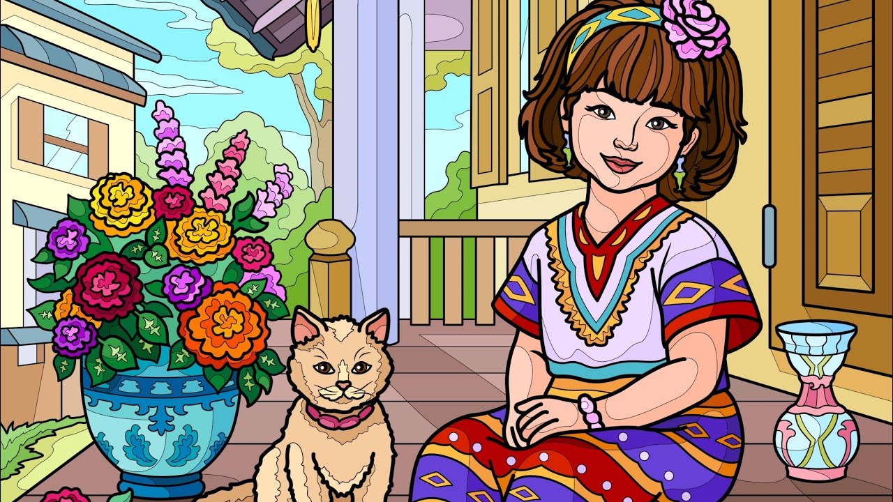 Girl and her kitty in the balcony Hey Color App Paint by Numbers Online ...