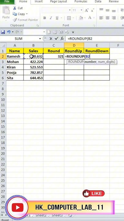 Round, Roundup, & Round down formula in use ms Excel//@HK_COMPUTER_LAB_11 # ...