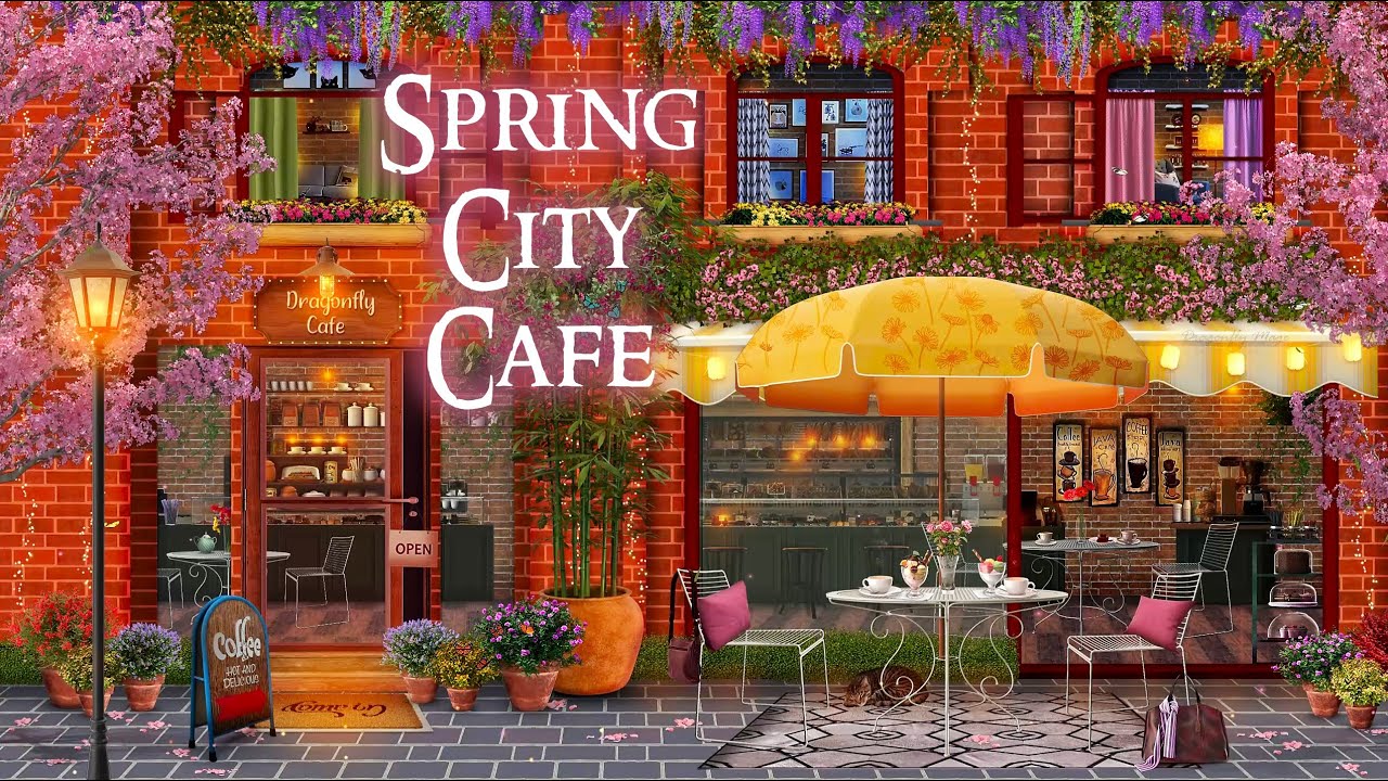 Cozy Spring City Cafe ☕ ASMR coffee shop ambience 🌷 (birds, crickets ...