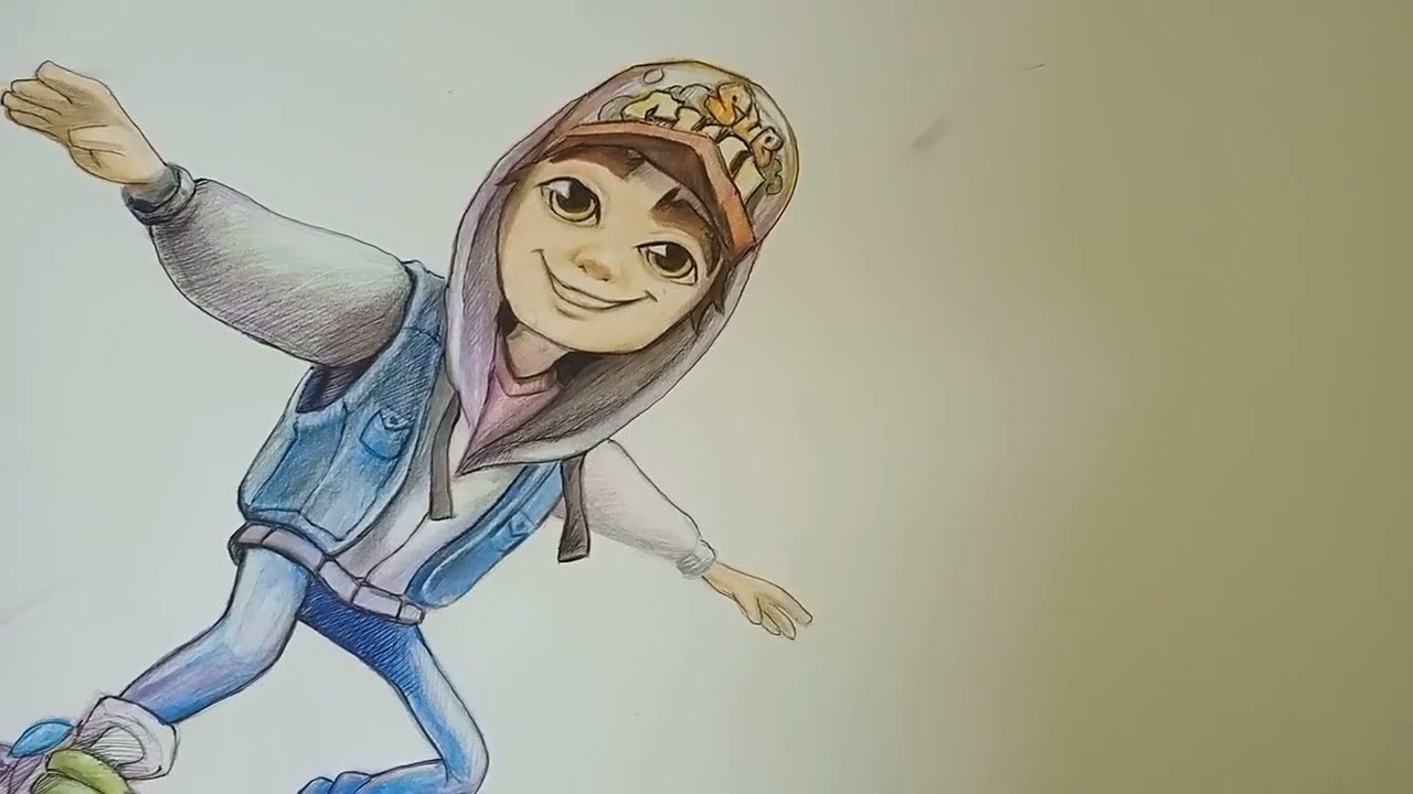 Subway surfers character , Jake , color pencil drawing & pen .... صب ...