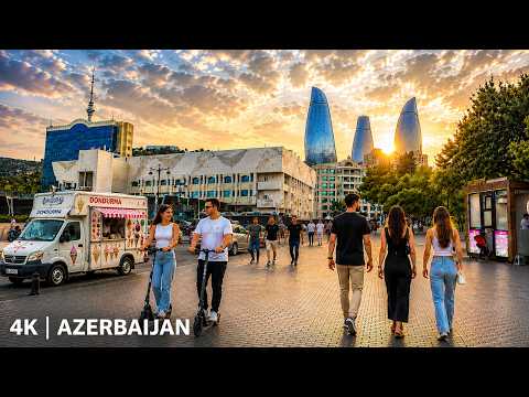 Bakü Bulvarı Akşam Yürüyüşü 4K 🇦🇿 | Deniz Alışveriş Merkezi ve Alev Kuleleri | Doğal Şehir Sesleri